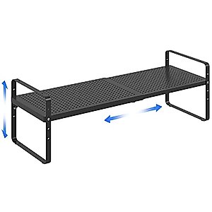 Expandable Cabinet Shelf Organizer Adjustable Metal Spice Rack Stackable Freestanding Counter Storage Shelves for Kitchen Cabinet Under Sink Office Desk (Black - 1Pack - L16.5-27'' * W10.2'' * H9.6'')