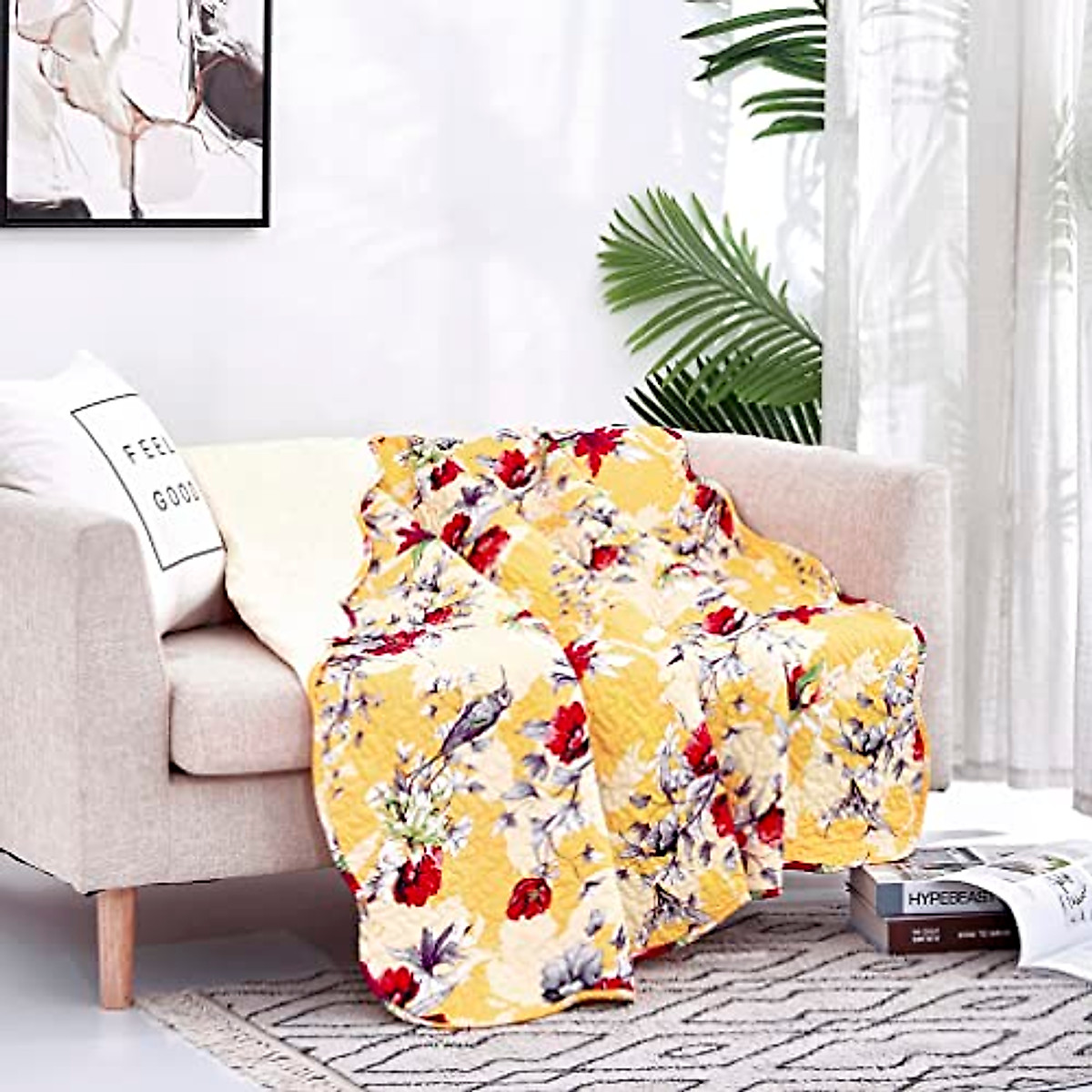 DaDa Bedding Yellow Floral Lap Quilt - Quilted Throw Blanket - Hummingbirds Farmhouse Red Flowers for Couch, Sofa or Bed- Scalloped Edges Bright Vibrant for Biophilic Design - 50 x 60