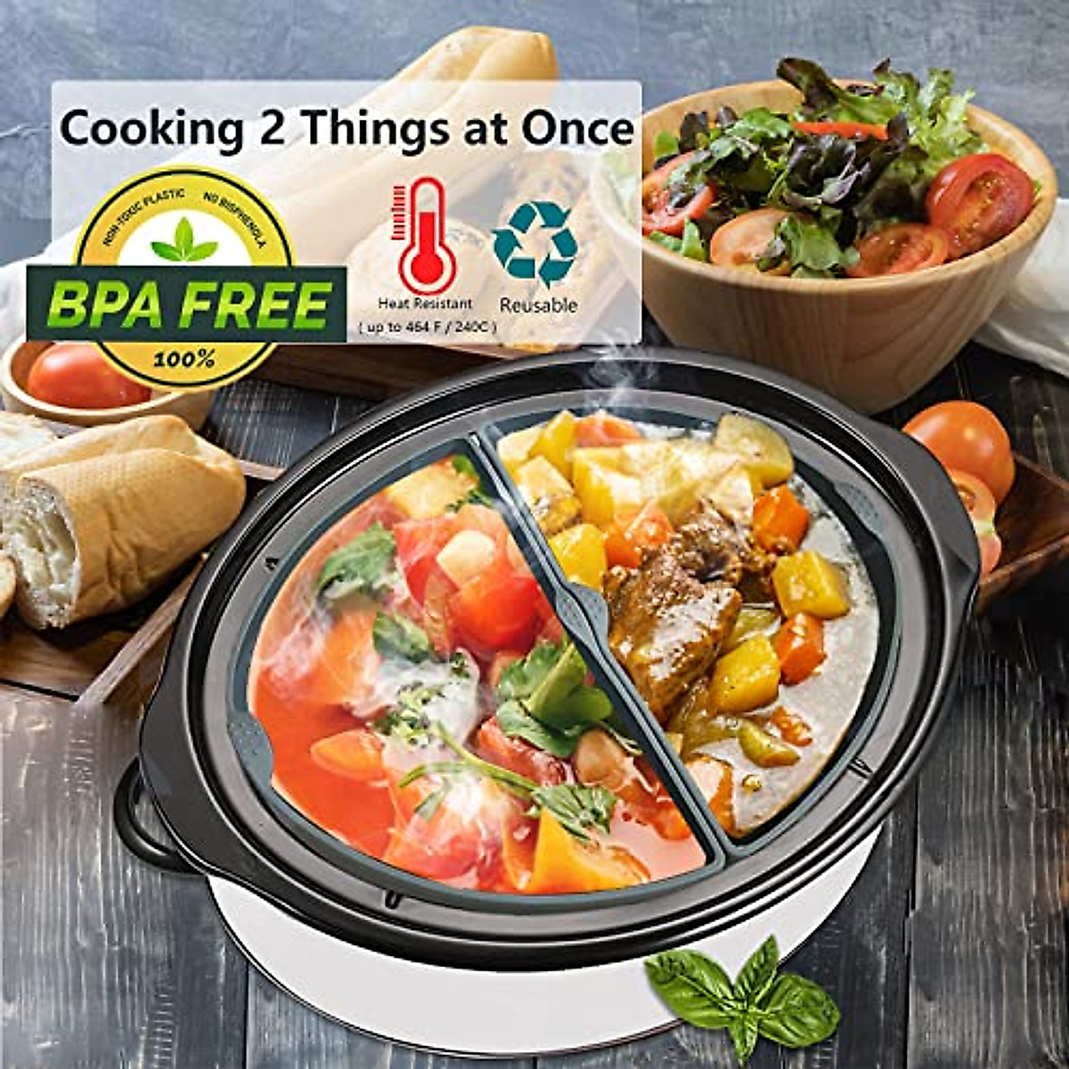 2 Pack Silicone Slow Cooker Liners Fit Crockpot 6-7 Quarts Oval Slow Cooker, Reusable Food Grade Silicone Slow Cooker Divider Liners,BPA Free,Easy Clean or Leakproof Dishwasher Safe Cooking Liner (Grey)