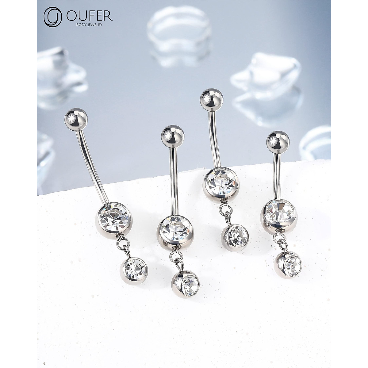 OUFER Dangle Belly Button Rings, G23 Solid Titanium Belly Ring, 14G Clear CZ Long Belly Piercing Jewelry, Lead & Nickel Free Navel Rings for Women Men-16MM