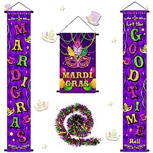 Mardi Gras Decorations, Mardi Gras Hanging Backdrop Banner, New Orleans Themed Party Welcome Porch Sign, 16.4 FT Mardi Gras Glittering Tinsel Garland, Carnival Party Wall Decor for Parade Masquerade