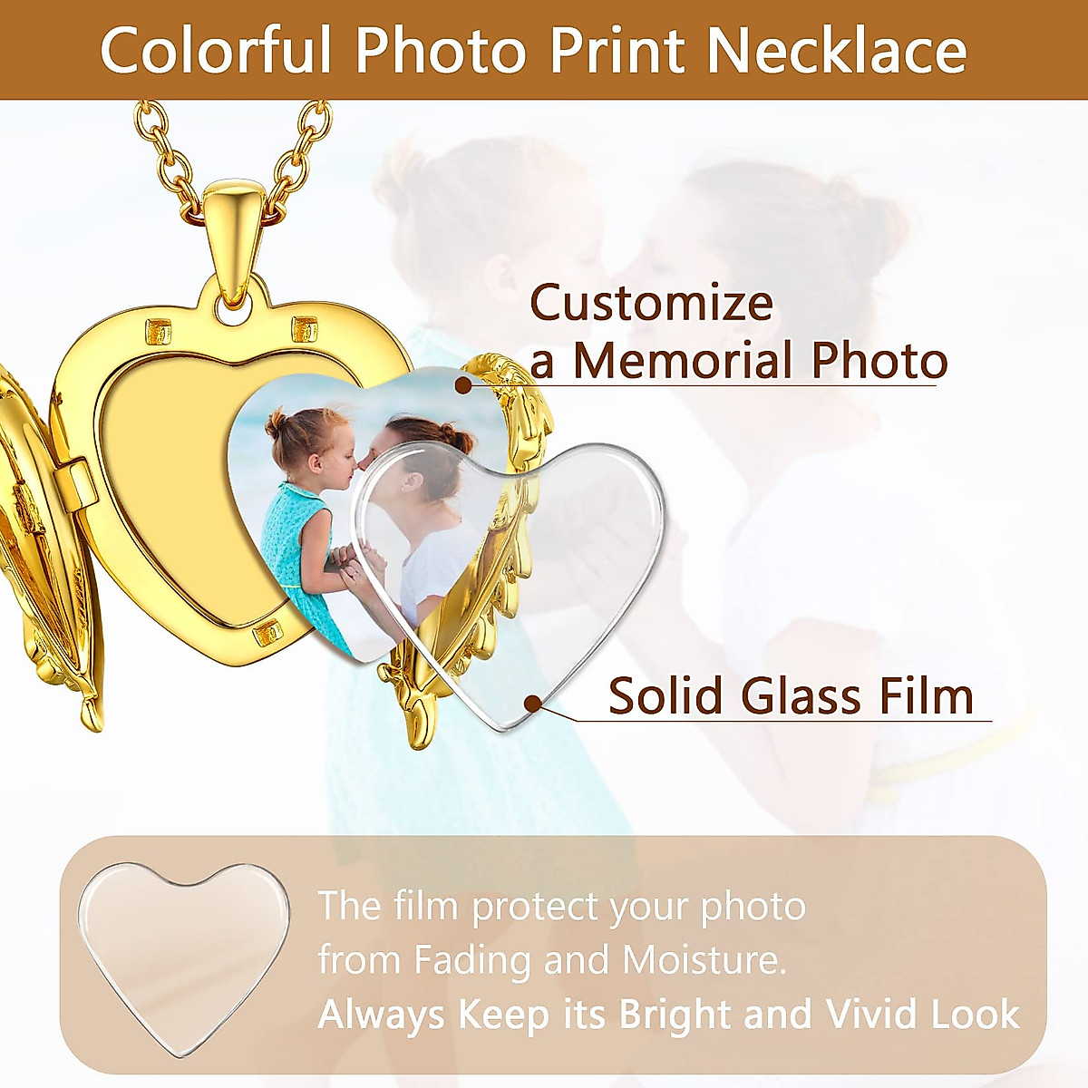 SILVERCUTE Heart Locket Necklace with 2 Photos Customized 18K Gold Plated Angel Wing Lockets Pendant Personalized Picture Jewelry for Women