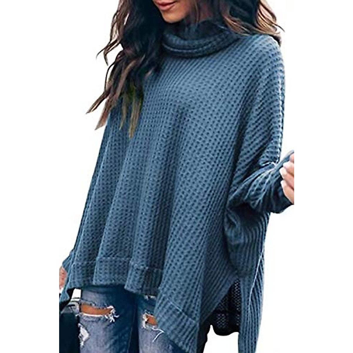 ASHER FASHION Women's Cowl Neck Long Sleeve Waffle Knit Top Pullover Sweater Navy Blue M