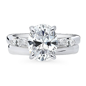 BERRICLE Sterling Silver 3-Stone Wedding Engagement Rings Oval Cut Cubic Zirconia CZ Ring Set for Women, Rhodium Plated Size 8