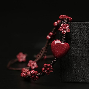 Xgimas Natural Cinnabar Bracelet, Adjustable Handmade Braided Rope Prosperity Flowers Good Lucky Red Heart Shaped Charm Bracelet for Women Men