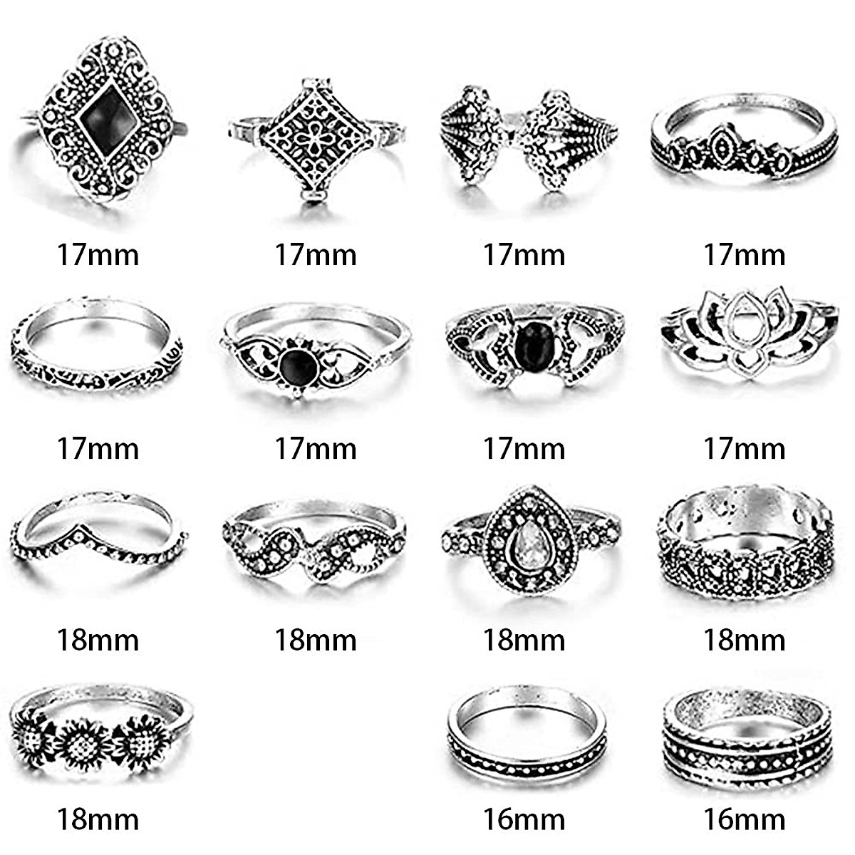 Hithop 15pcs Vintage Women Mid Ring Set Flower Crown Rhinestone Joint Knuckle Nail Ring Set