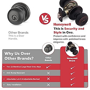 Honeywell Safes & Door Locks - Interior & Exterior Door Knob with Lock & Keys Set - Anti Bump Resistant Front Door Knob for Bedroom & Bathroom - 6.5 x 2.75 x 2.75 in - Oil Rubbed Bronze - 8101401
