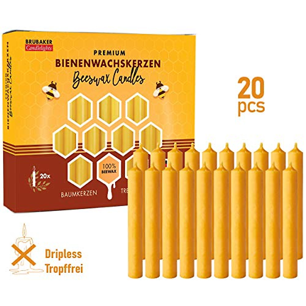 BRUBAKER 100% Beeswax Tree Candles - Pack of 20 - Honey Colored - 3¾ x ½ Inches (9.5 x 1.27cm) - Made in Europe - Pyramids, Carousels & Chimes
