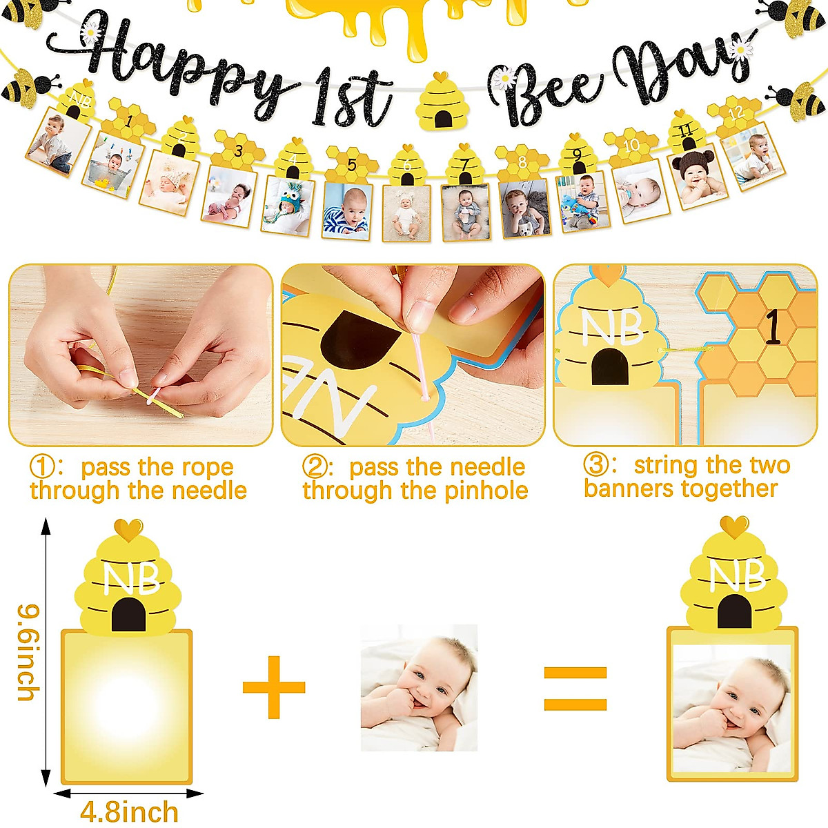 3 Pcs Happy 1st Bee Day Party Decorations, Bumble Honey Bee 1st Birthday Baby Photo Banner and Cake Topper, Bee Decorations Bee Birthday Party Decorations Bee Cake Decorations for Boys Girls Newborn