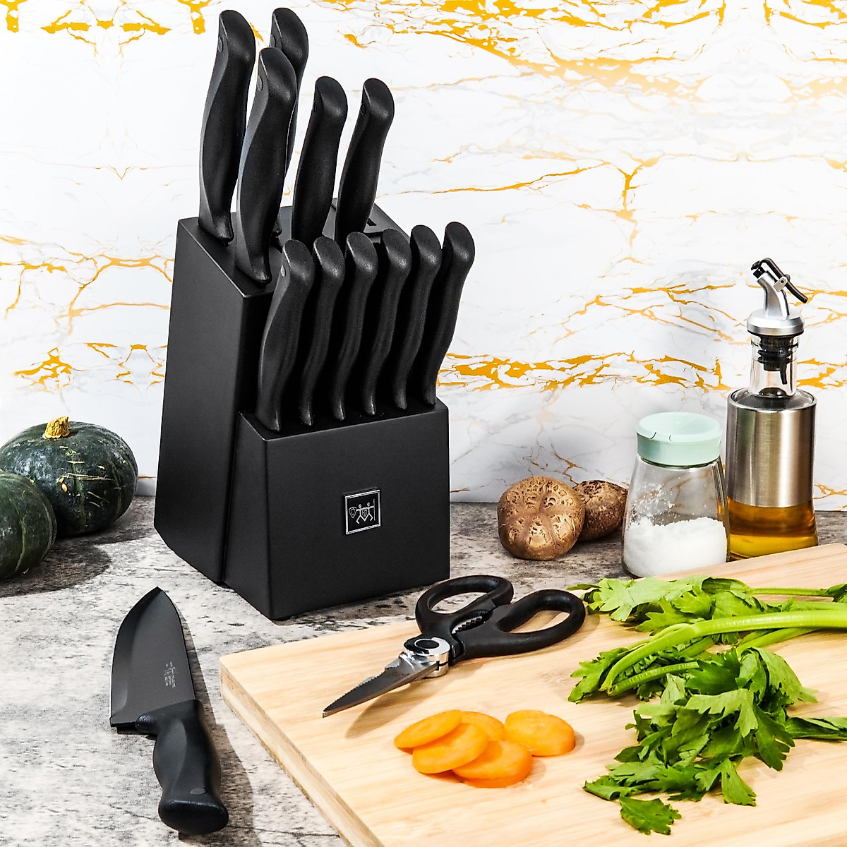 HUNTER Knife Set, Dishwasher Safe Kitchen Knife Set with Block, 24 Pcs Black Kitchen Knife Sets with Block Self Sharpening, 6 Steak Knives, Black