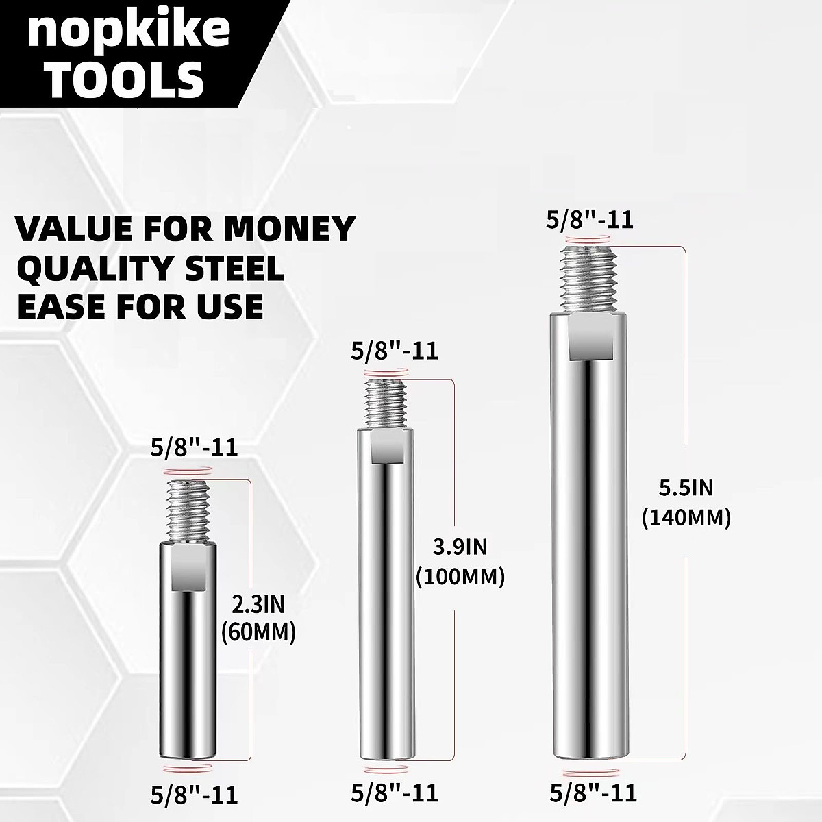 5/8"-11 Angle Grinder Extension Shaft Connecting Rod 3PCS，Compatible with Makita, Dewalt, Bosch, Hitachi, Milwaukee, Metabo and Other Brands，nophike Tool