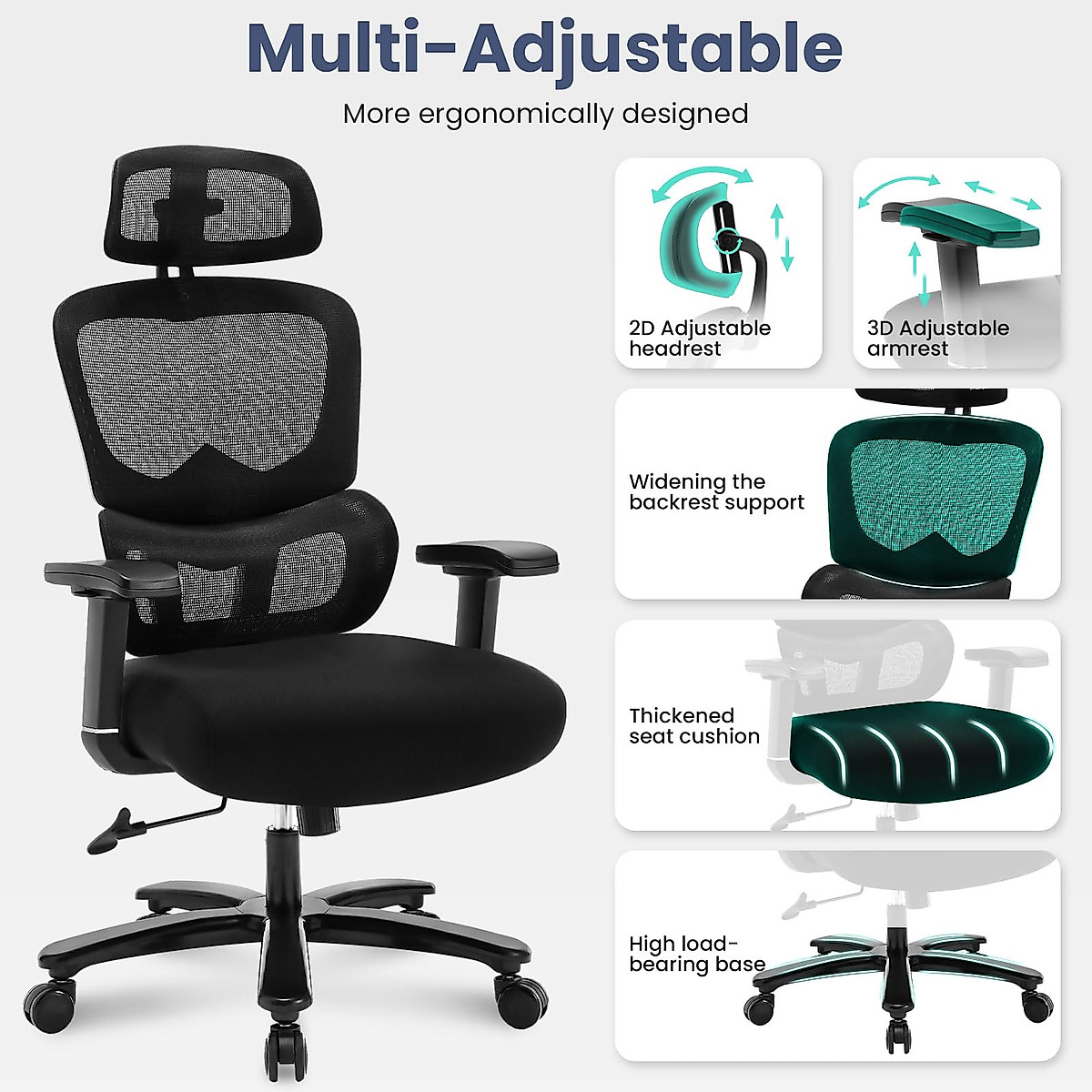 Fantasylab Office Chair Big and Tall 500LBS Office Chair for Heavy People, Metal Base, Lumbar Support, Adjustable Armrest and Headrest Office Chair Desk Chair