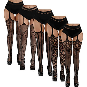 Fullsexy Plus Size Stockings, Fishnet Tights Suspander Pantyhose Thigh High with 4 Thongs for Women, Black1, One Size