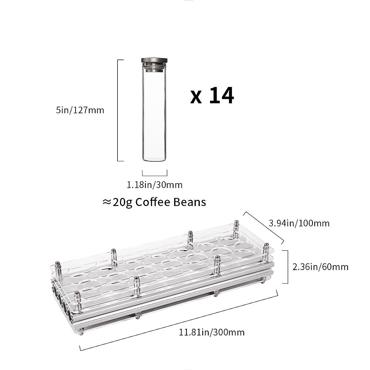 watchget 14-Piece Coffee Bean Storage Kit, Single-Dose Glass Tubes with Acrylic Stand, Airtight Coffee Cellar, Compact Bean Dispenser for Baristas & Home, Small