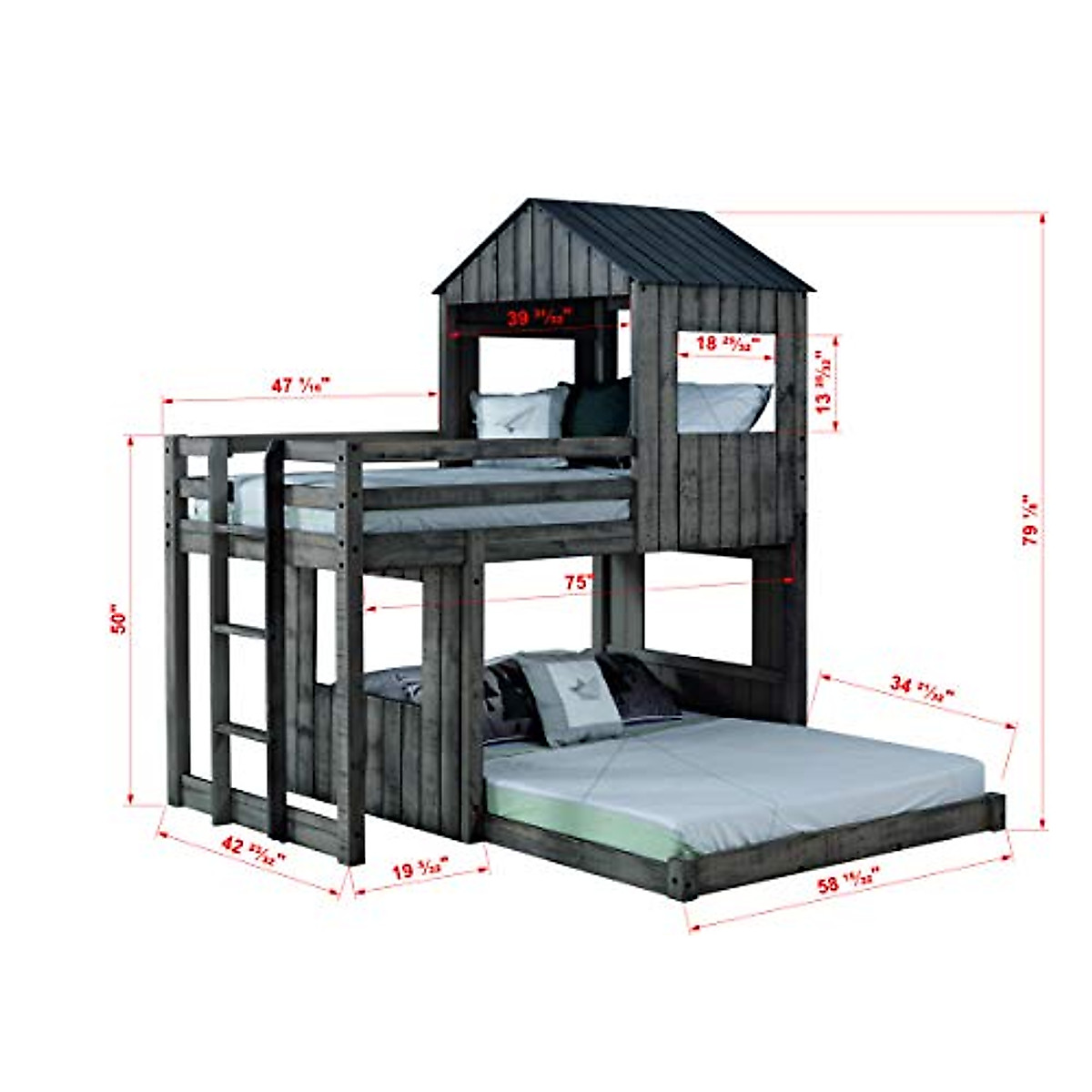 DONCO Kids Campsite Cabin Twin Over Full Loft Bed in Rustic Dirty Grey Finish
