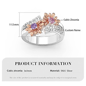 Zeekisfia Personalized Birthstone Ring Custom 3D Name Ring with Sunflower Sterling Silver Promise Ring Birthday Engagement Wedding Jewelry Gifts for Her Women Girls Mother Sisters