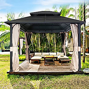 EAGLE PEAK 10x12 Outdoor Steel Frame Hardtop Gazebo Pavilion with Double Roof for Garden, Patio, Lawn and Party, Mosquito Mesh Netting and Light Beige Privacy Curtains Included, Black