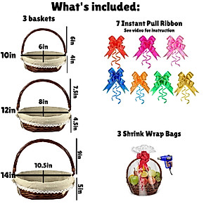 Trebisky Wicker Basket with Cello Wrap, Complete DIY Gift Set include Heat Shrink Cellophane Bags and Ribbons, Empty Basket for Wine, Picnic, Storage, Food, Easter, Christmas, Birthday (Brown 3PK)