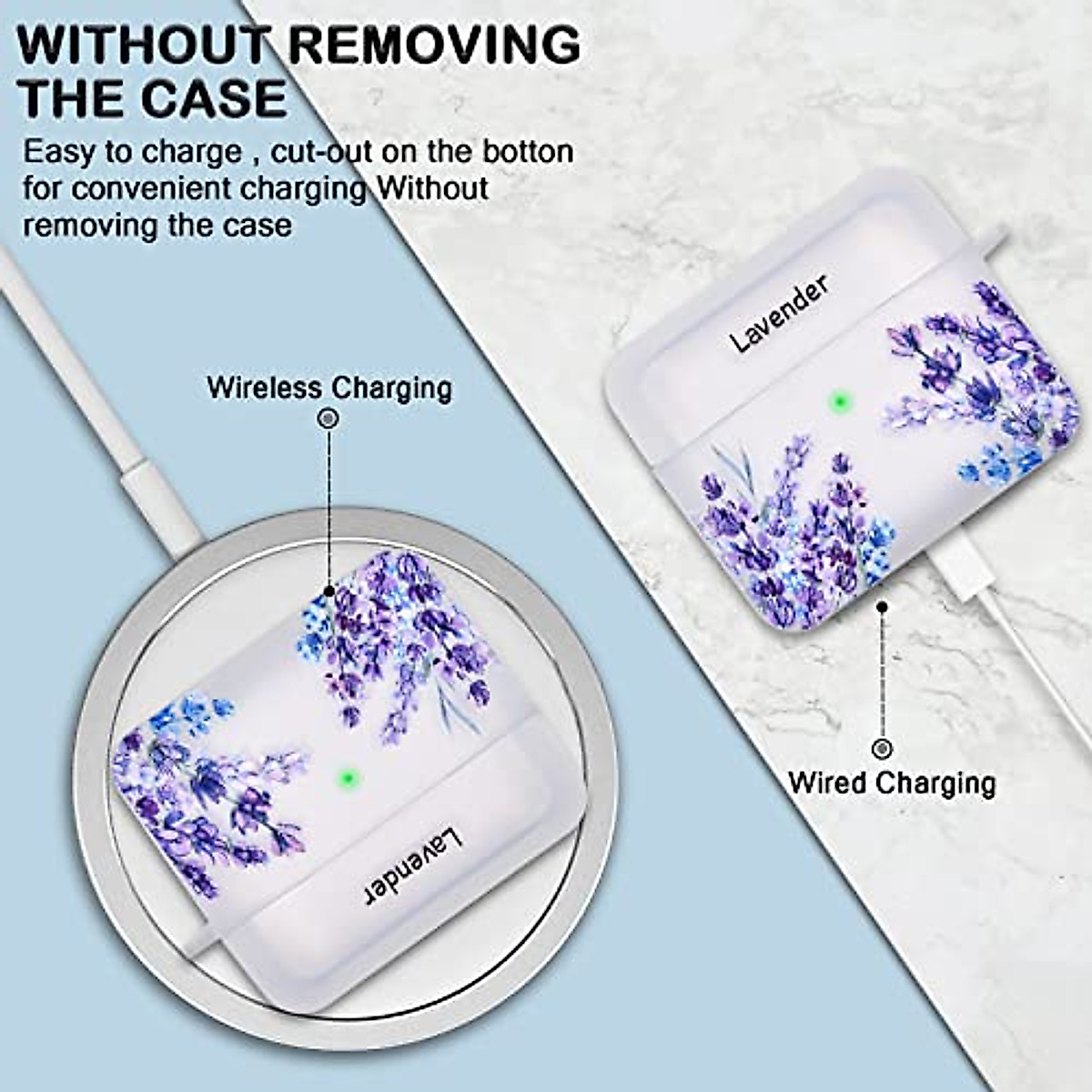 Purple Lavender Case for Airpods 3rd Generation (2021) Cover Clear for Women Girls with Flower Floral Pattern & Cute Love Heart Keychain Skin Soft Silicone Shockproof Protective Cover