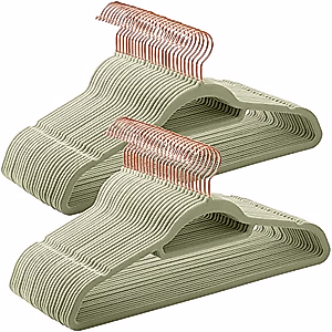 SONGMICS Velvet Hangers, Set of 50 Clothes Hanger with Rose Gold Swivel Hook, Non-Slip, and Space-Saving, 0.2-Inch Thick, 17.1-Inch Long for Coat, Shirt, Dress, Pants, Tie, Pale Green UCRF021GR50