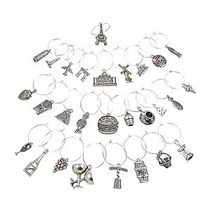 Palm City Products Around the World Wine Charm Set with Food, Wine, and Travel Themed Sets - 28 Piece Bundled Set