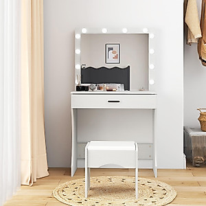 Vanity Desk with Mirror and Adjustable Lights, One Drawer Storage Makeup Table with Stool - Vanity Set for Bedroom (White)