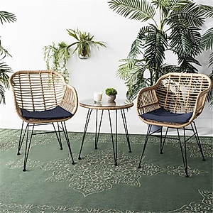 SAFAVIEH Outdoor Collection Alton Light Brown Rattan/Navy Seat Cushion 3-Piece Patio Lounge Bistro Set with Table (PAT9004B)