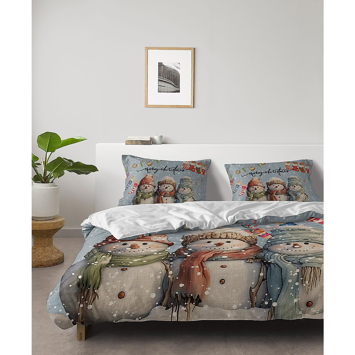 Christmas Snowman Winter Snowflakes Duvet Cover Sets 4 Piece Full Ultra Soft Bed Quilt Cover Set for Kids/Teens/Women/Men,Xmas Stocking Retro Linen Blue Bedding Collection All Season Use