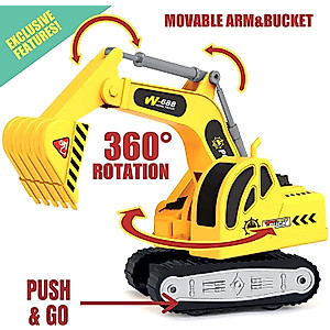 MOBIUS Toys 4-in-1 Construction Vehicle Bundle - 1:12 Scale Dump Truck, Flatbed and 2 Excavators with Lights and Sounds, Push and Go Realistic Big Truck Toy, Construction Vehicle Excavator Toy