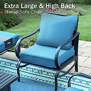 PHI VILLA 7 PCS Patio Furniture Set,Metal Outdoor Furniture with 1x 3 Seater Cushioned Deep Seating Bench Sofa, 2 Swivel Sofa Chair, 2 x Leg Sofa Chairs & 2 Ottoman for 7 Person, Peacock Blue
