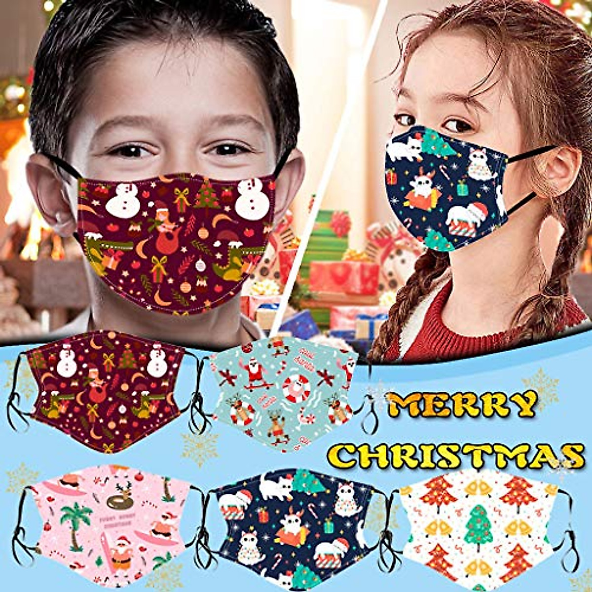Walsent 5PCS Children Kids Cute Print Outdoor Protective Washable and Reusable Face Bandanas Stay Safe Face Mouth Bandanas, Christmas Decorations