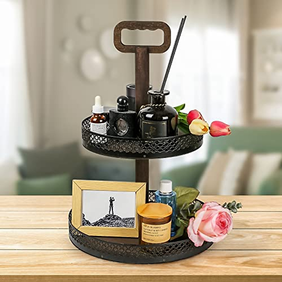 WeGXY Two Tiered Tray, Black Walnut Tiered Tray Stand,Farmhouse 2 Tier Tray,Wooden Rustic and Metal Lace Tiered Tray for Home Kitchen