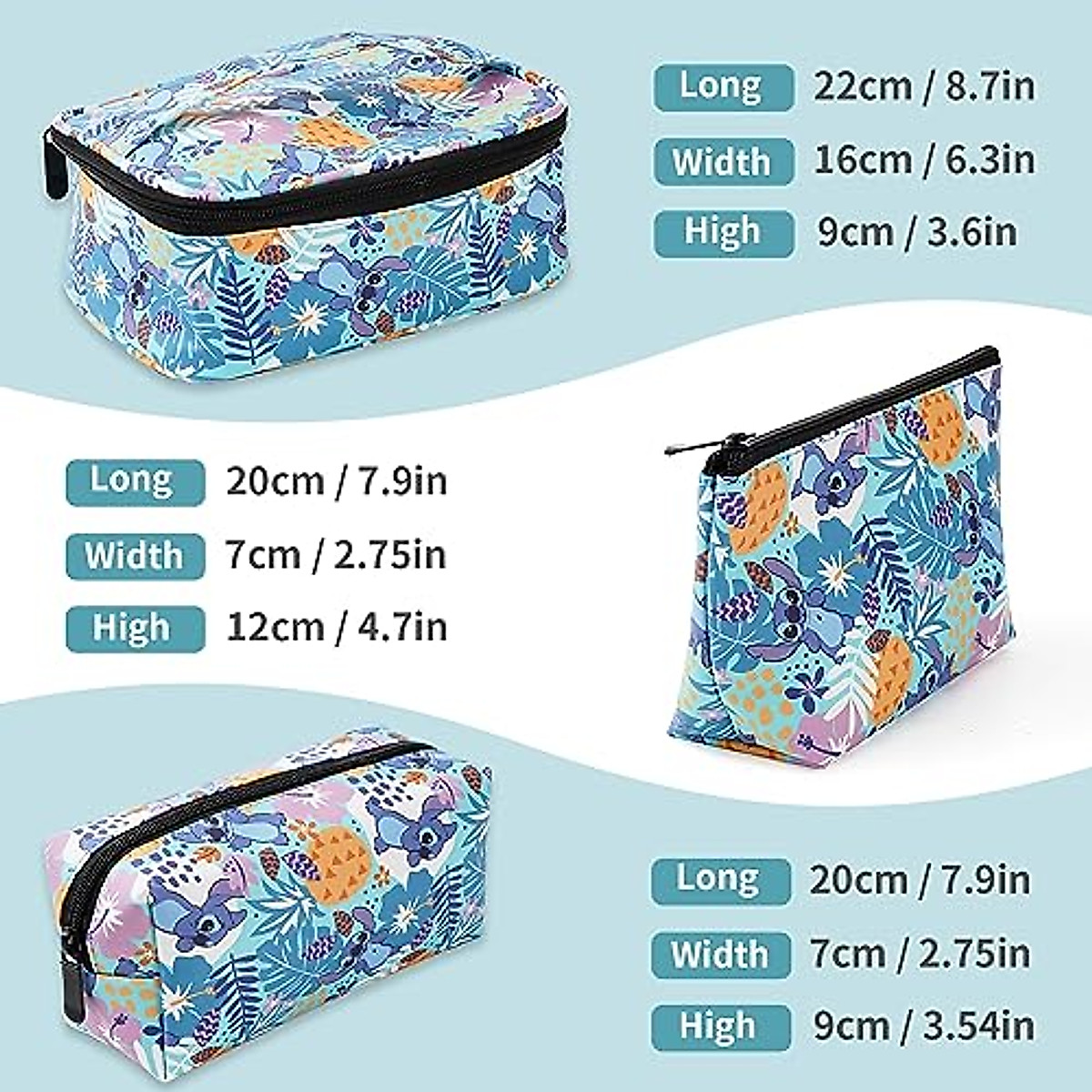 MRSP 3 sets makeup bag+Double Sided Cosmetic Mirror travel small cosmetic case portable with multifunctional waterproof Organizer bag for women Stitch Stuff Gift (Stitch)