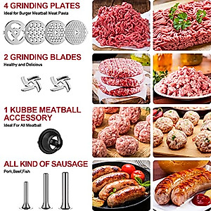 Metal Food Grinder Attachment for KitchenAid Stand Mixers, Kitchen aid Meat Grinder Included 3 Sausage Stuffer Tubes, 4 Grinding Plates, 2 Grinding Blades, Kubbe Meat Processor Accessories