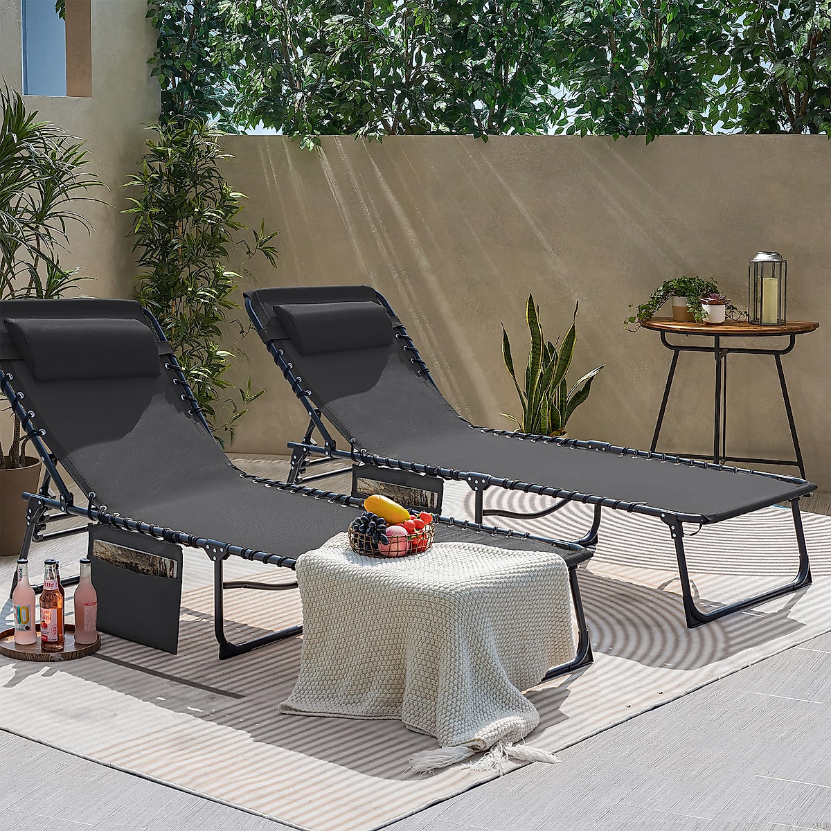 Flamaker Foldable Chaise Lounge Chair 5-Position Adjustable, Tanning Chair with Side Pocket, Outdoor Sunbathing for Pool, Beach, Patio, Lawn, Indoor Recliner Chair for Napping(Grey, 1 Pcs)