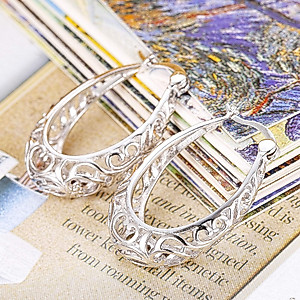 Milacolato 925 Sterling Silver Hoop Earrings for Women 18K White Gold Plated Textured Filigree Oval Hoop Earrings Lightweight & Hypoallergenic Vintage Hoop Earrings