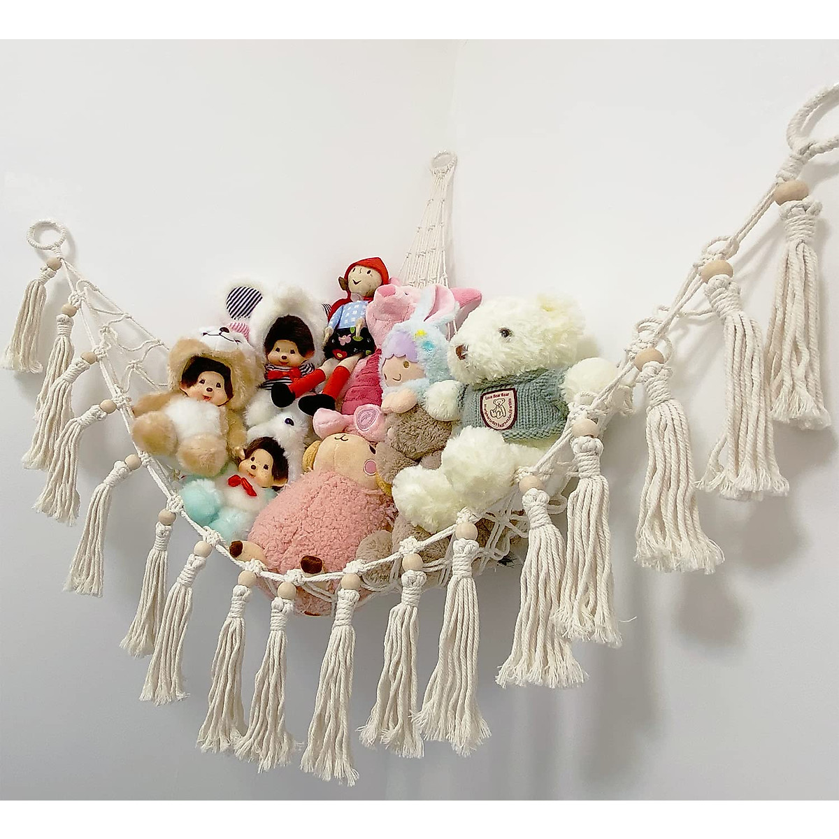 Treezea Stuffed Animal Hammock Macrame with Star Light- Boho Toy Hammock - Stuff Animal Organizer Corner Storage Hanging Fringe - Stuffed Animal Holder Net Tassels for Nursery Décor