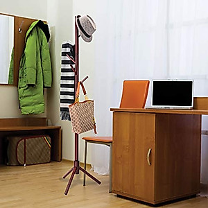 ZOBER Coat Rack Free Standing - Wooden Coat Tree W/ 6 Hooks - Coats, Purses, Hats - Adjustable Sizes, Easy Assembly - Cherry