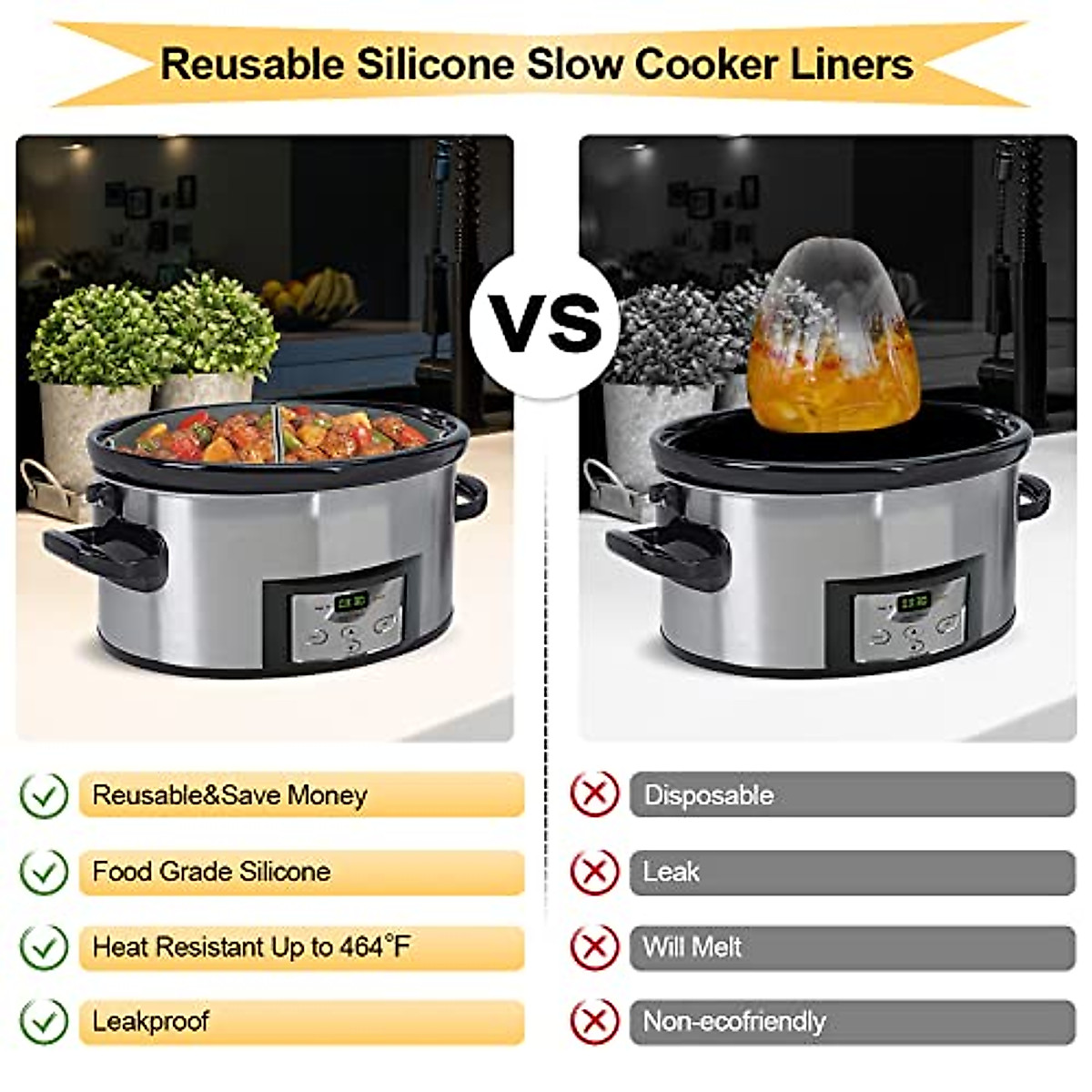 YQL Silicone Slow Cooker Liner, Slow Cooker Divider Liner Fit for Crockpot & Hamilton Beach 6-7QT Reusable Slow Cooker Liner for Most 6 Quart Slow Cooker(Upgraded Thick)