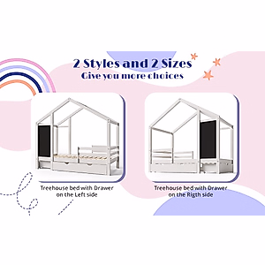 DNYN Twin Size House Bed with Storage Drawers for Kid Bedroom,Solid Wood Platfrom Bedframe w/Blackboard Design,Super Save Space & No Box Spring Needed, White