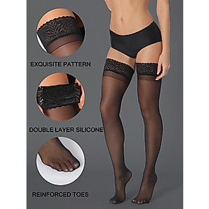 HONENNA Sheer Thigh High Stockings, 17+ Colors Stay Up Lace Top with Anti-Slip Silicone for Women, 1 Pair (Black, A)