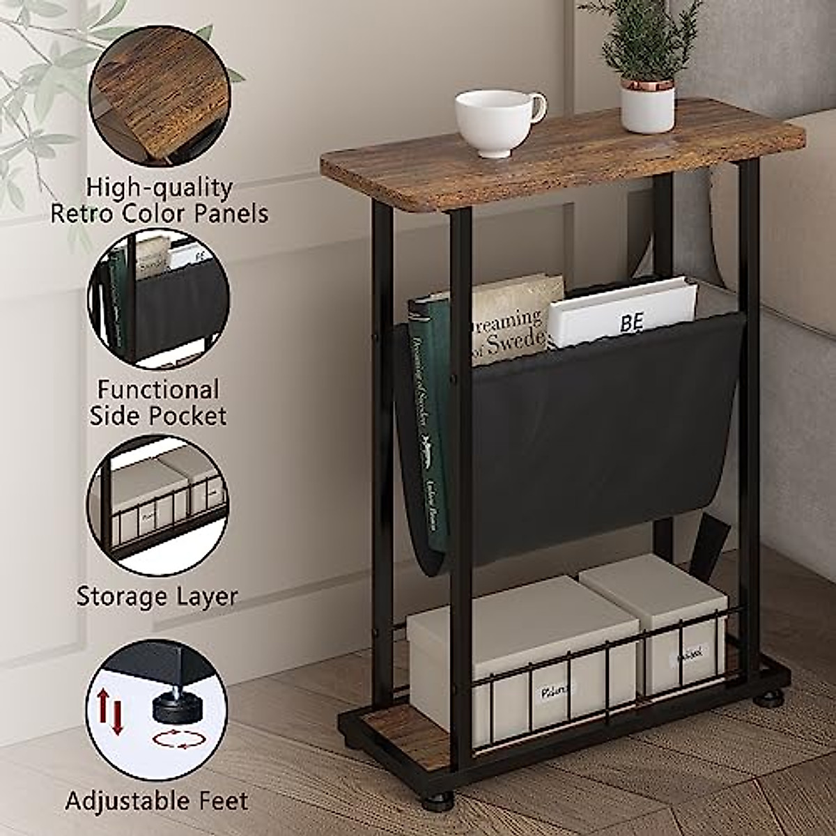 Walmokid 3 Tier Side Table with Magazine Holder, Industrial End Table with Open Storage, Wooden Bedside Table, Nightstand for Living Room, Bedroom, Small Spaces, Easy Assembly, Rustic Brown