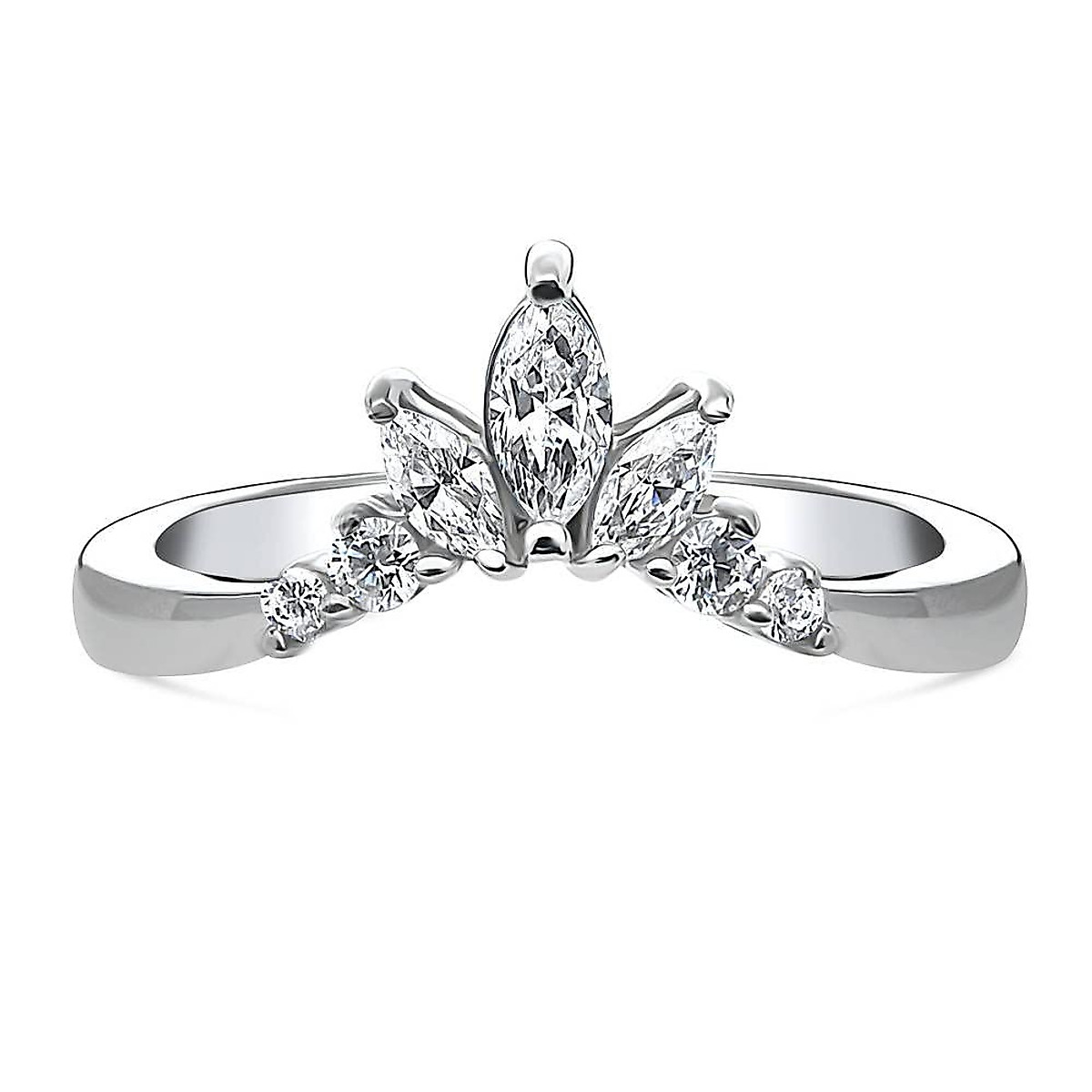 BERRICLE Sterling Silver Flower Wedding Rings Cubic Zirconia CZ 7-Stone Curved Band for Women, Rhodium Plated Size 10