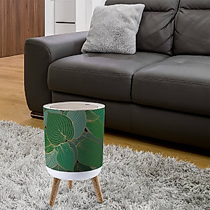 Small Trash Can with Lid Hand drawn emerald green Hosta leaves with copper outline stock 7 Liter Round Garbage Can Elasticity Press Cover Lid Wastebasket for Kitchen Bathroom Office 1.8 Gallon