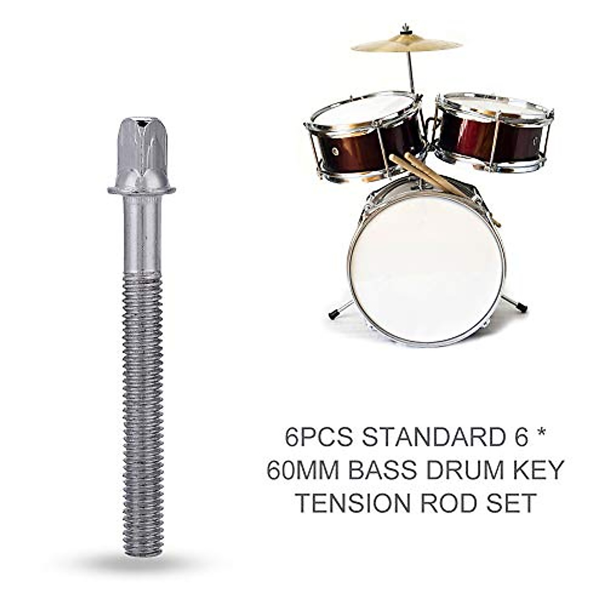 6PCS Screw Rods Standard 6 * 70mm Bass Drum Tension Rods Percussion Drum Tension Rod Replacement Accessory for Bass Drum Repair Parts