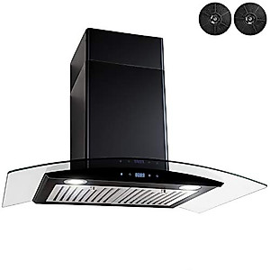 AKDY 217 CFM Convertible Wall Mount Range Hood with Tempered Glass and Carbon Filters in Black Painted Stainless Steel (30 in)