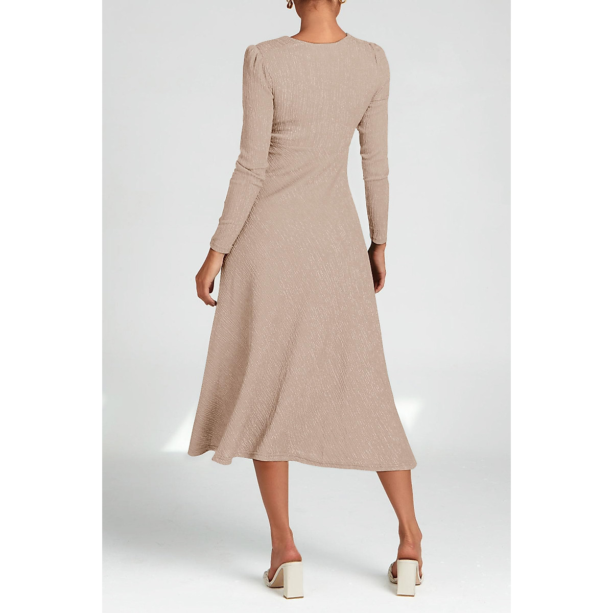 PRETTYGARDEN Women's 2024 Fall Midi Dress Casual Long Sleeve V Neck Cocktail Party A Line Flowy Dresses (Beige,X-Large)