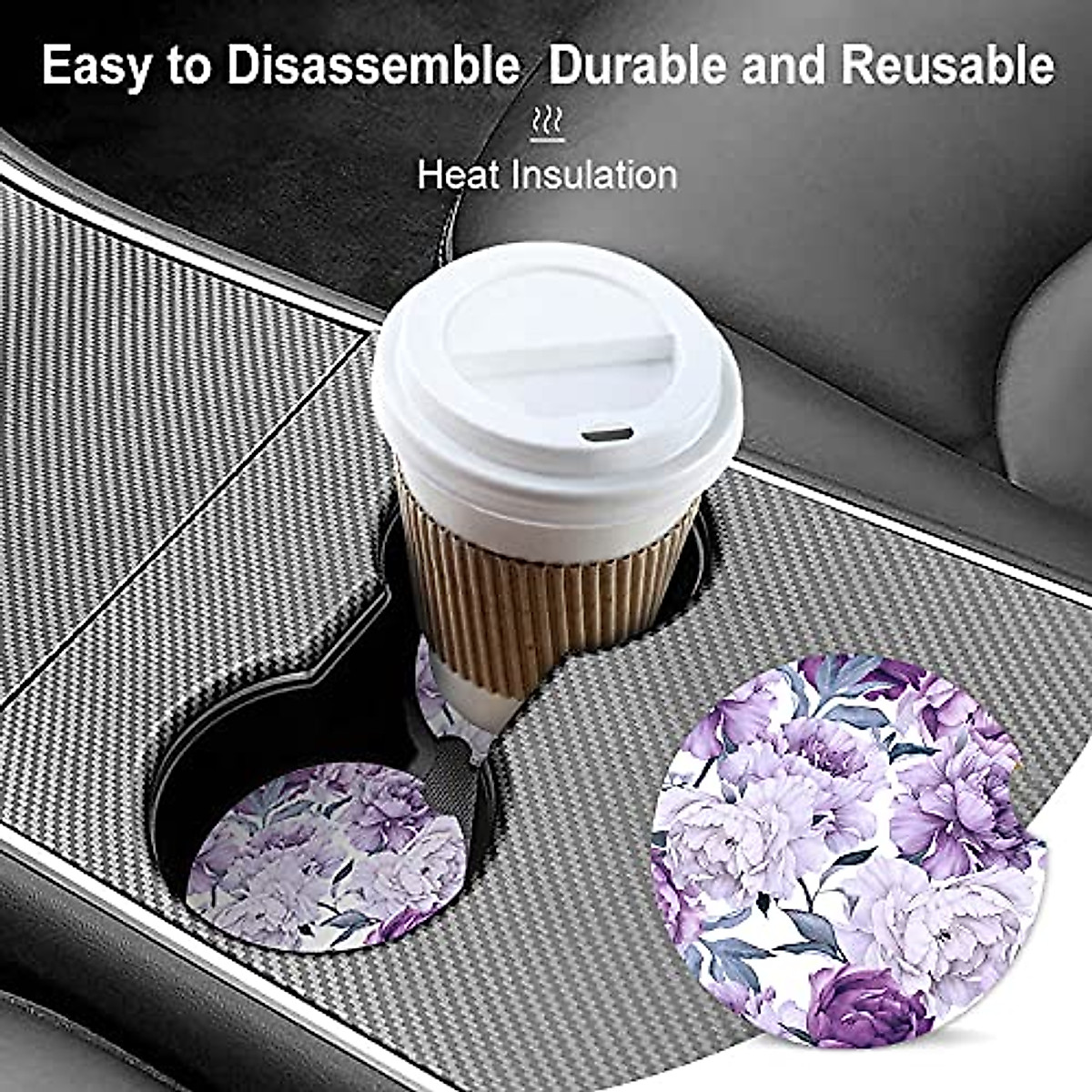 Purple Floral Cup Holders Car Coasters Set for Women Girl,Pretty Design Keep Cup Holders Clean and Dry,Drink Cup Car Holder Coasters with A Finger Notch 2.56" Pack of 2