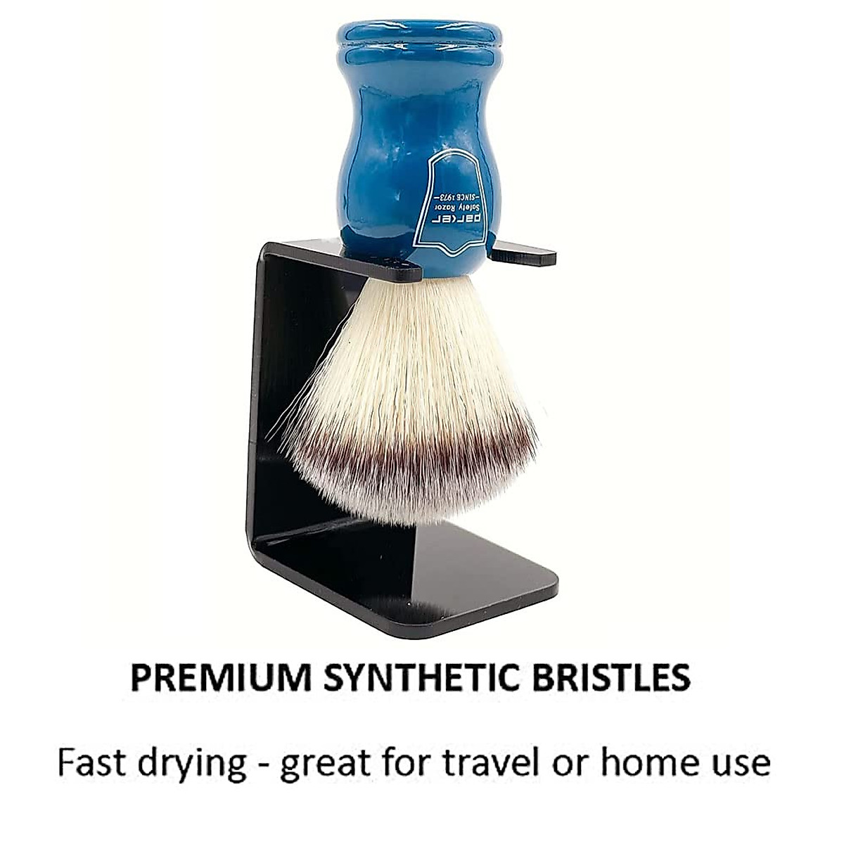 Parker Synthetic Bristle Wood Handle Shaving Brush – Brush Stand Included - Blue Wood Handle