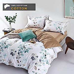 MILDLY Duvet Cover Queen Size 100% Egyptian Cotton Gradient Teal Leaves Plant Pattern Comforter Cover Ultra Soft & Breathable Unique Design Farmhouse Bedding Set (1 Queen Duvet Cover + 2 Pillow Shams)